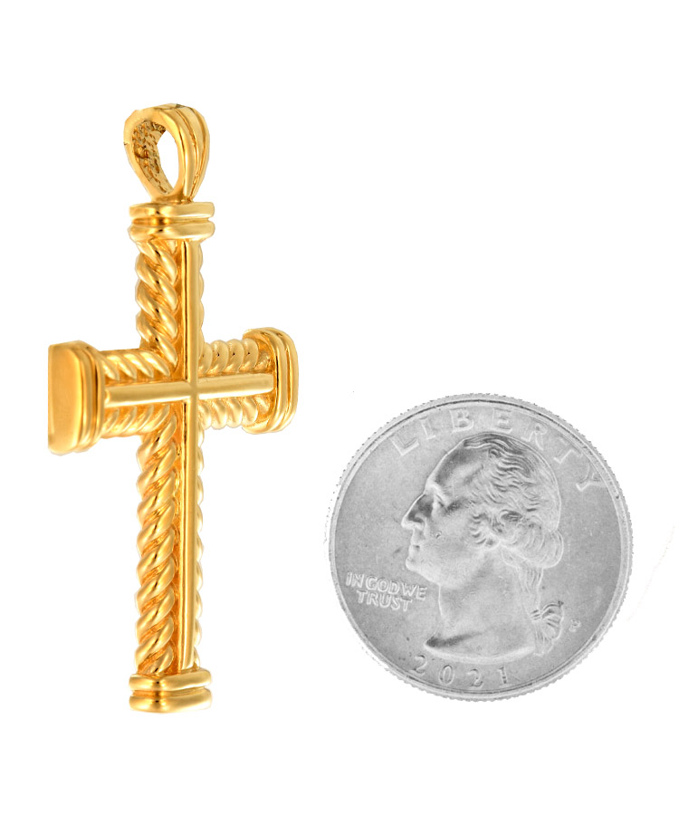 Gold cross pendant 14K - textured cross necklace high polished